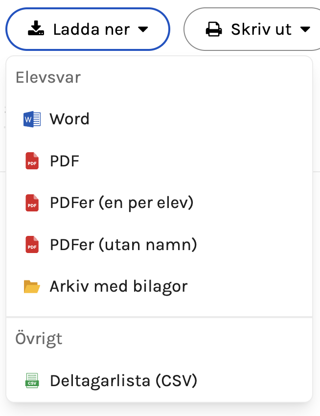 Elevsvar och resultat - Ladda ner / Skriva ut / Exportera / Skicka