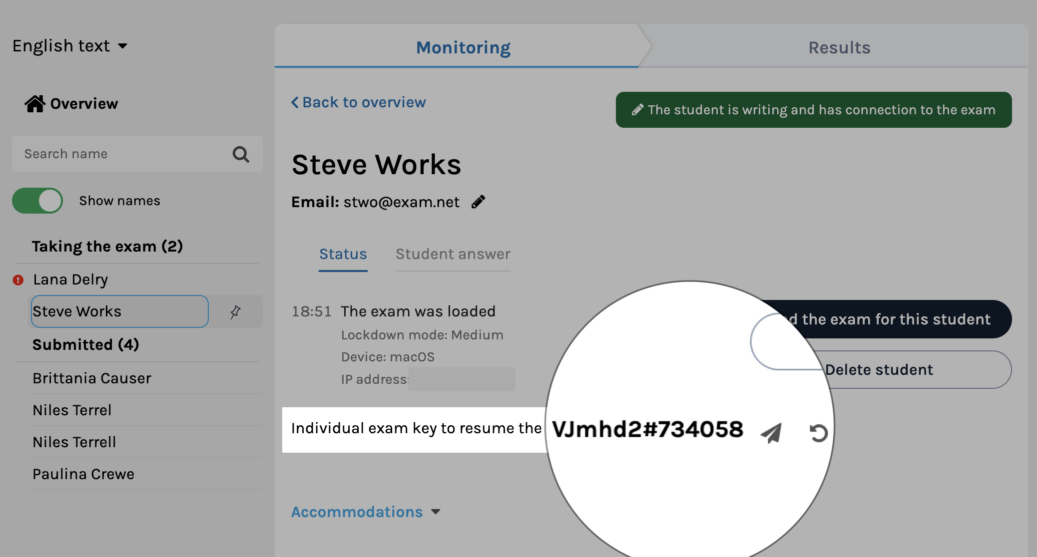 Conduct exams over several sessions / Resume exam