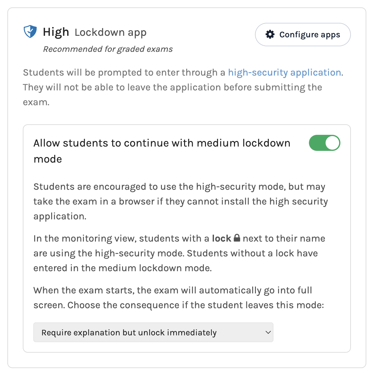 Security settings in exams